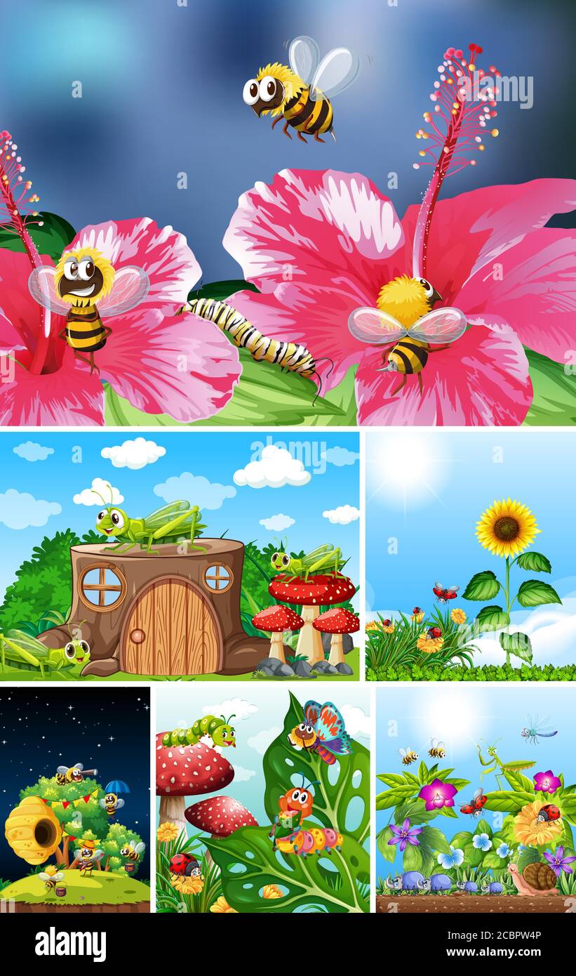 Set of different insects living in the garden background illustration ...