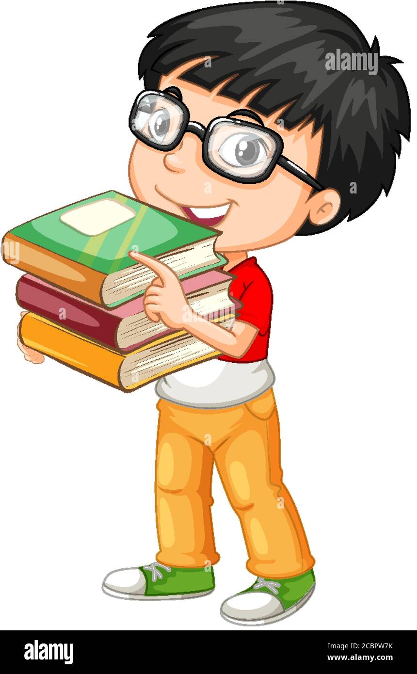 Cute young boy cartoon character holding books illustration Stock ...