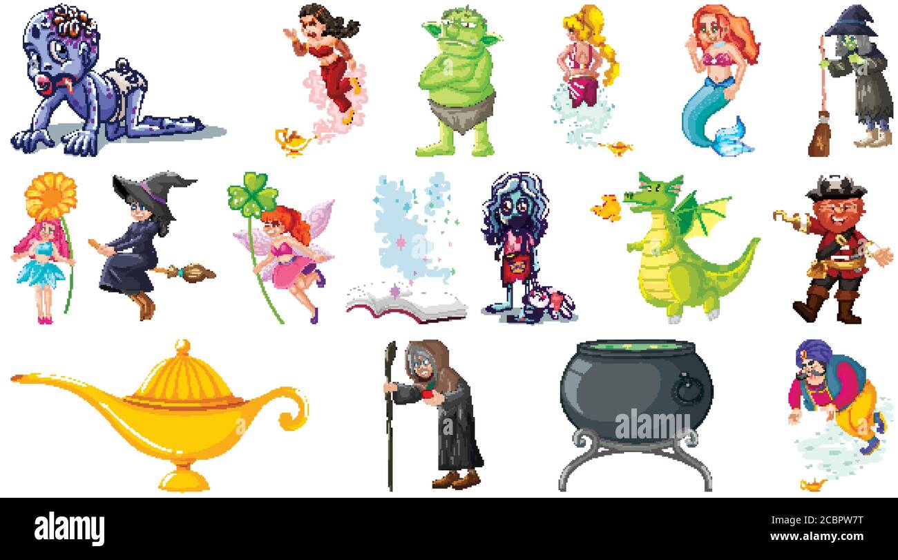 Set of fantasy cartoon characters and fantasy theme isolated on white ...