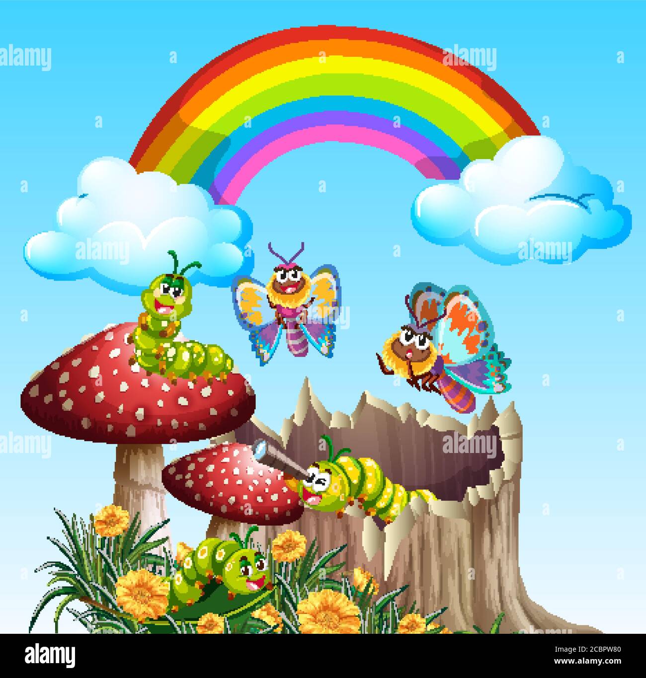 Butterflies and worms living in the garden scene at daytime with ...