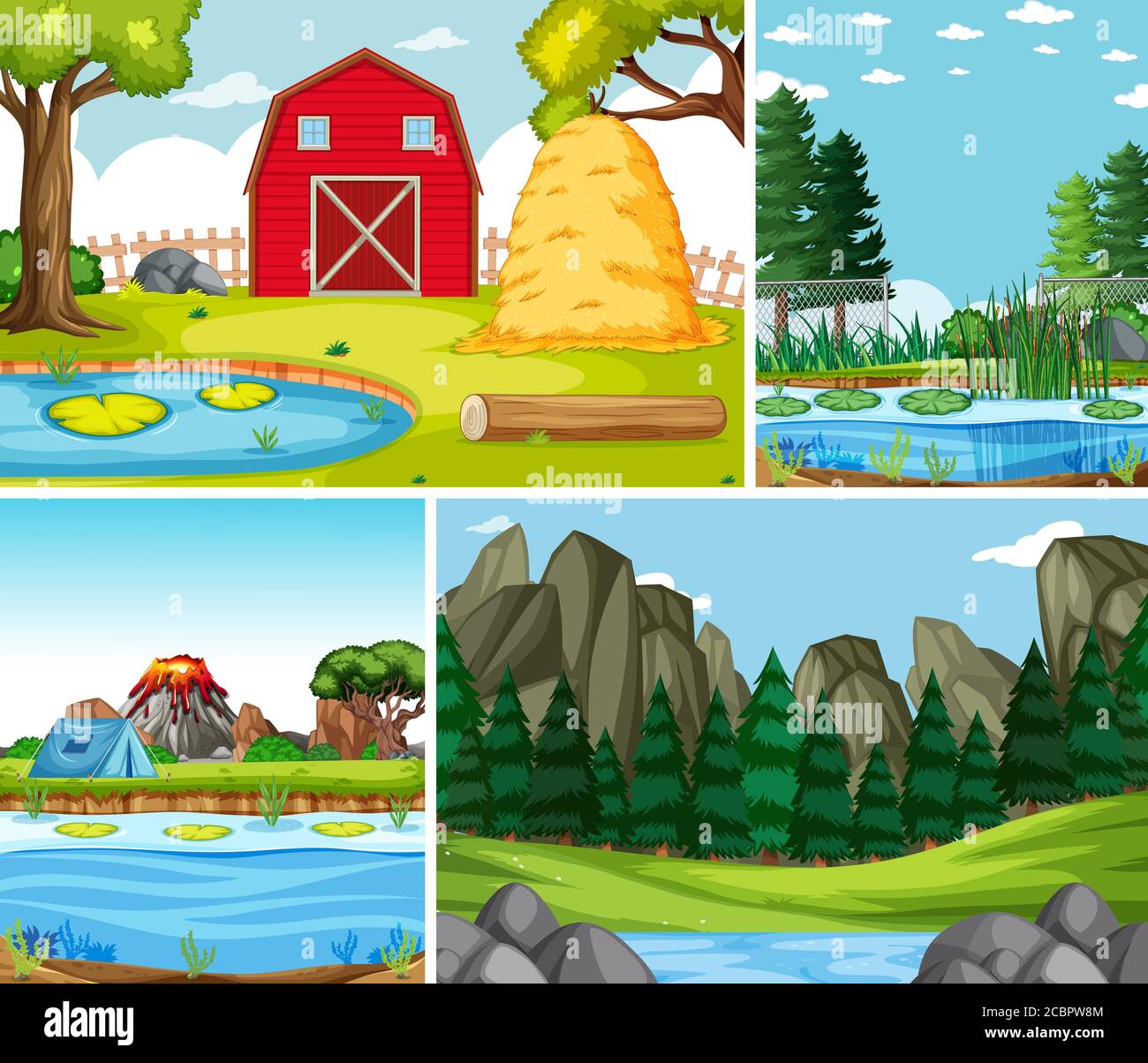 Four different scenes in nature setting cartoon style illustration ...