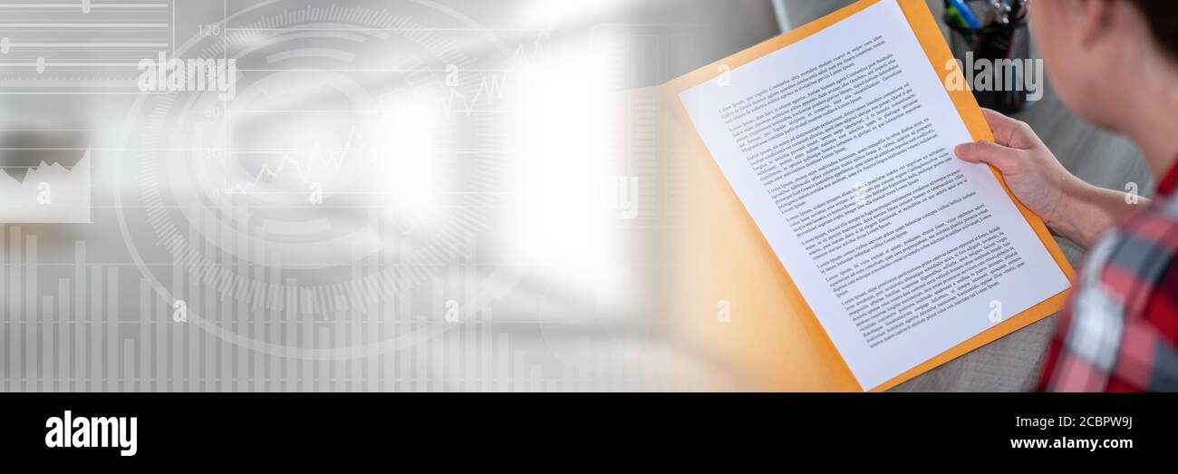 Woman reading and checking a document; panoramic banner Stock Photo - Alamy
