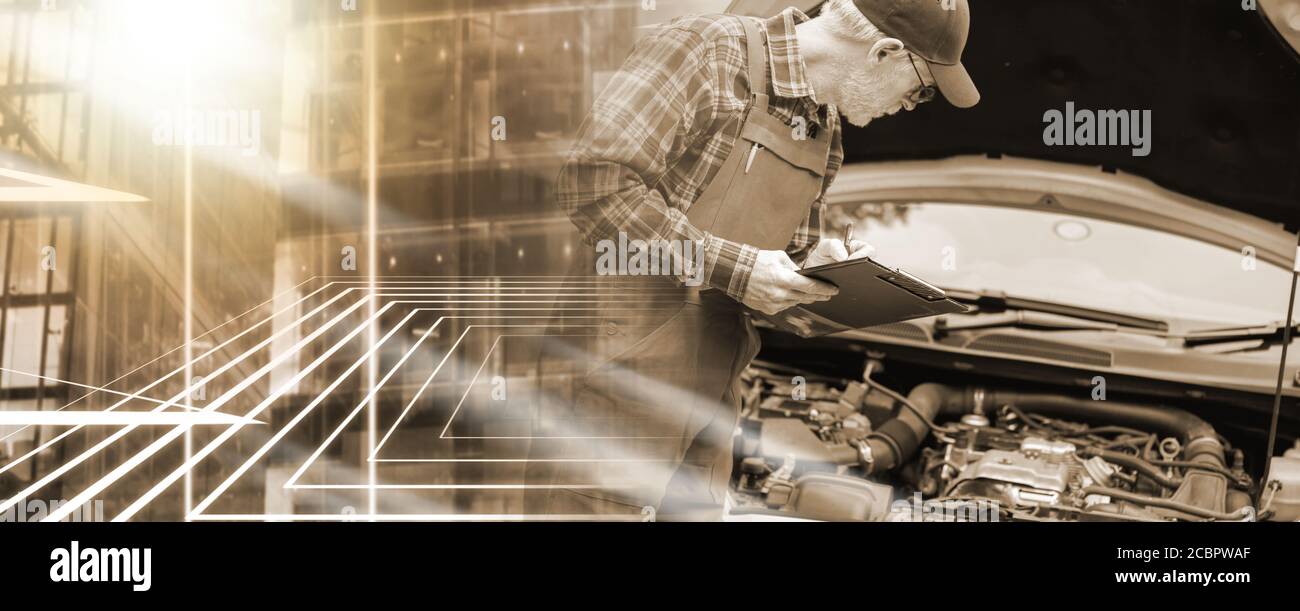 Car mechanic checking a car engine and writing on clipboard; multiple ...