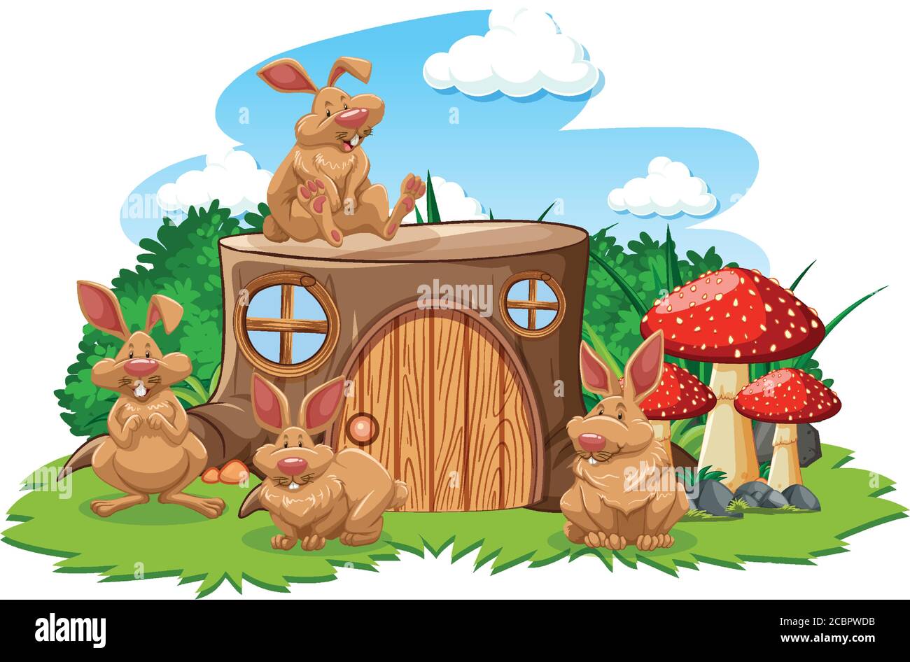 Stump house with three mouses cartoon style on white background ...