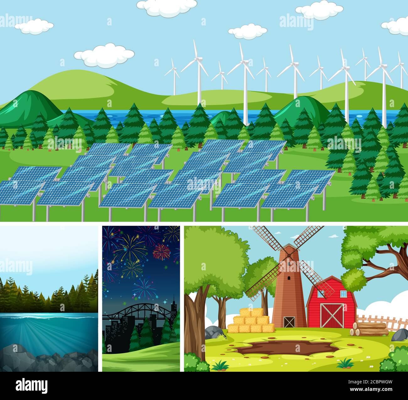 Four different scenes in nature setting cartoon style illustration ...