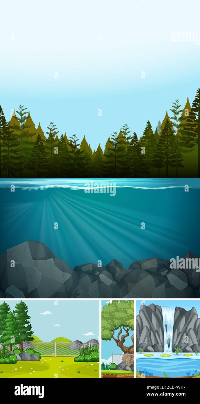 Four different scenes in nature setting cartoon style illustration ...