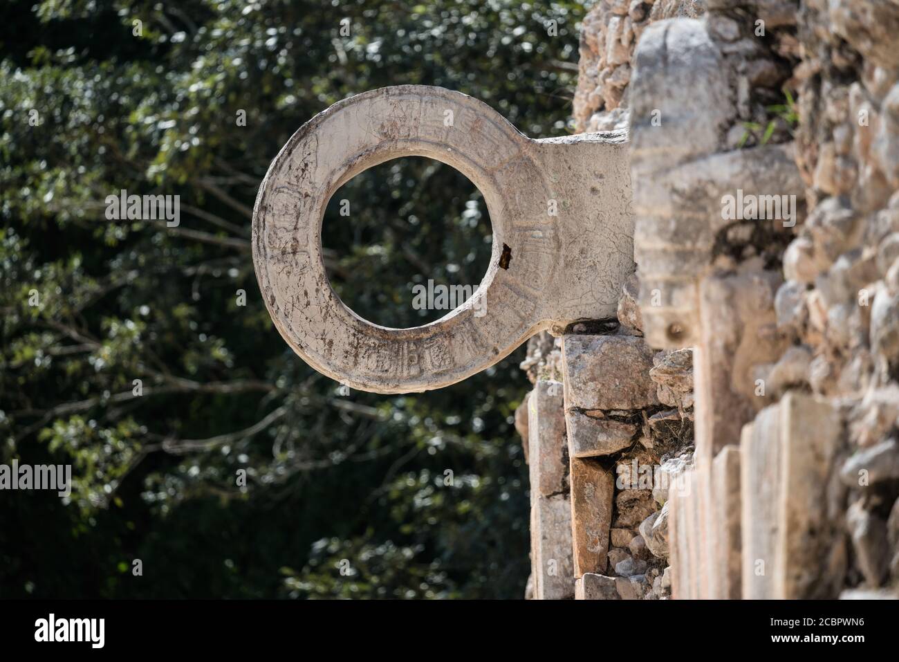 The carved stone ring on the ritual ball court in the ruins of the ...