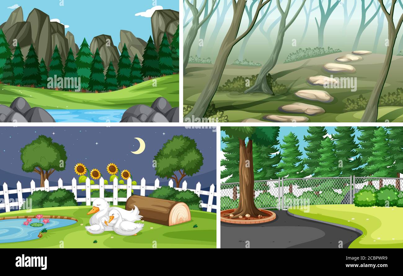 Four different scenes in nature setting cartoon style illustration ...