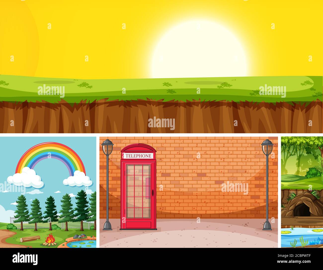 Four different scenes in nature setting cartoon style illustration ...