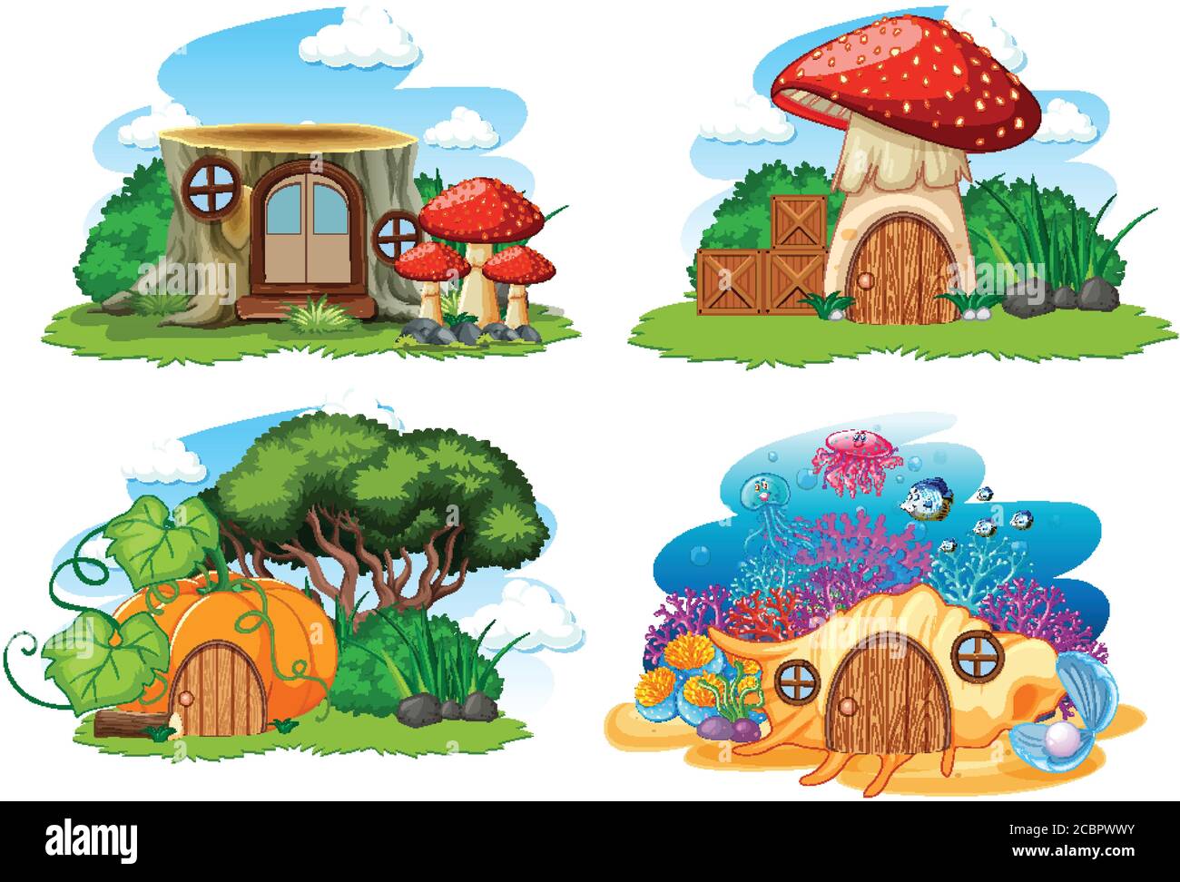 Set of isolated gnome fairy tale houses cartoon style on white ...