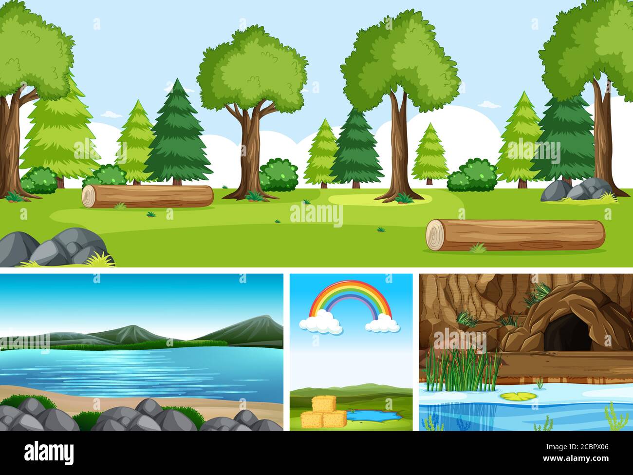 Four different scenes in nature setting cartoon style illustration ...
