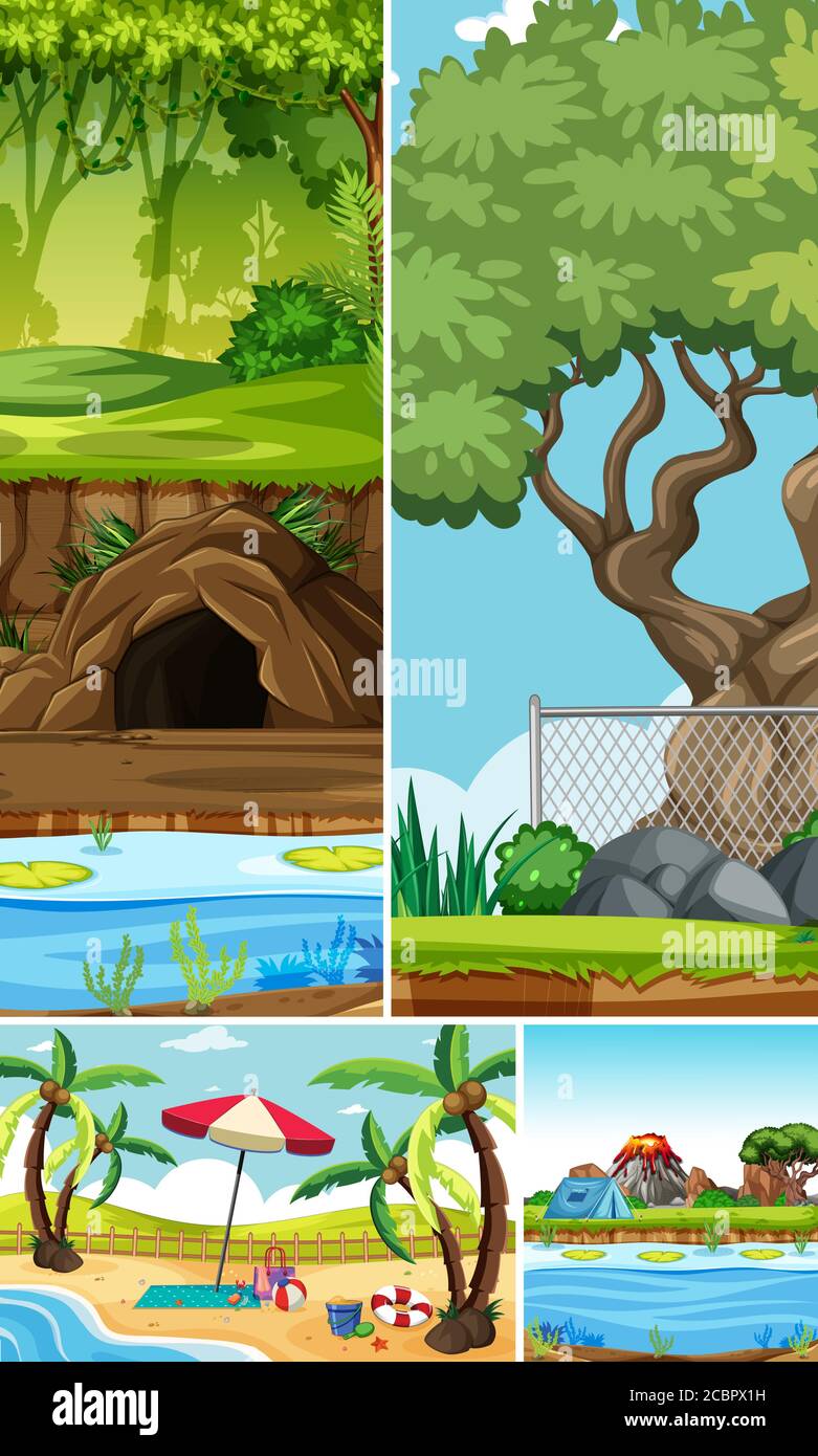 Four different scenes in nature setting cartoon style illustration ...