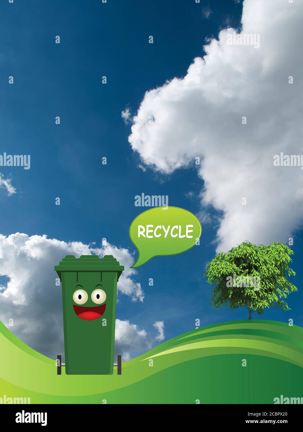 Comical happy smiling recycling bin with recycle message set against a ...