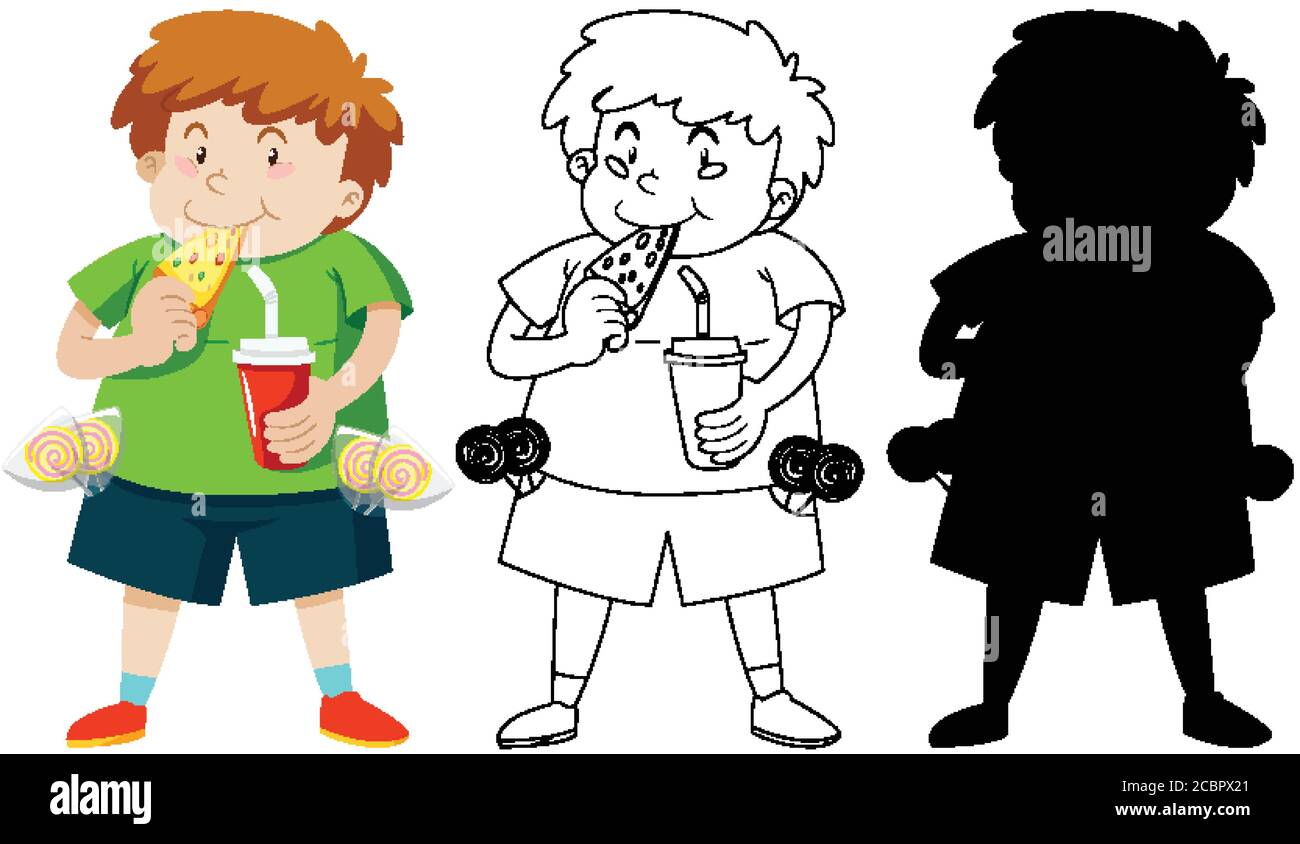 Cute fat boy eating pizza in colour and outline and silhouette ...