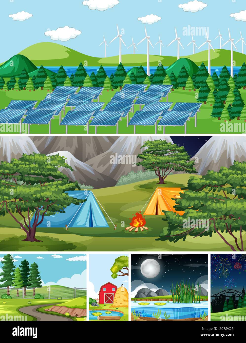 Six different scenes in nature setting cartoon style illustration Stock ...