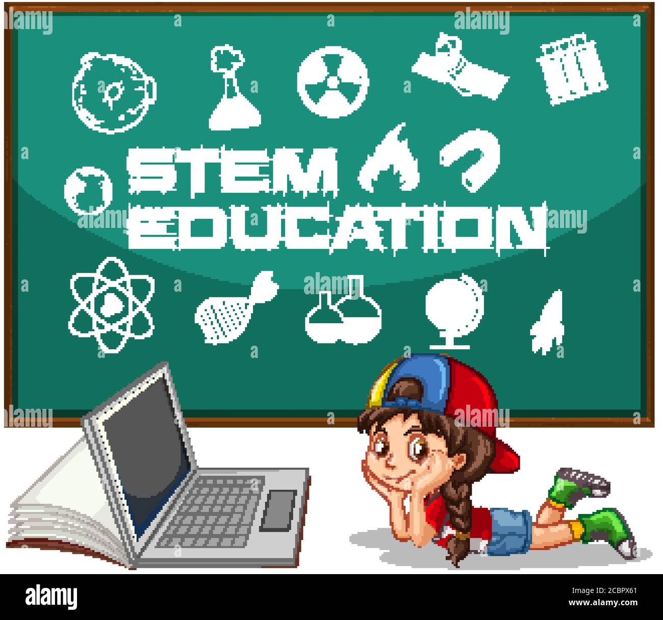 Girl and laptop with stem education text cartoon style isolated on ...