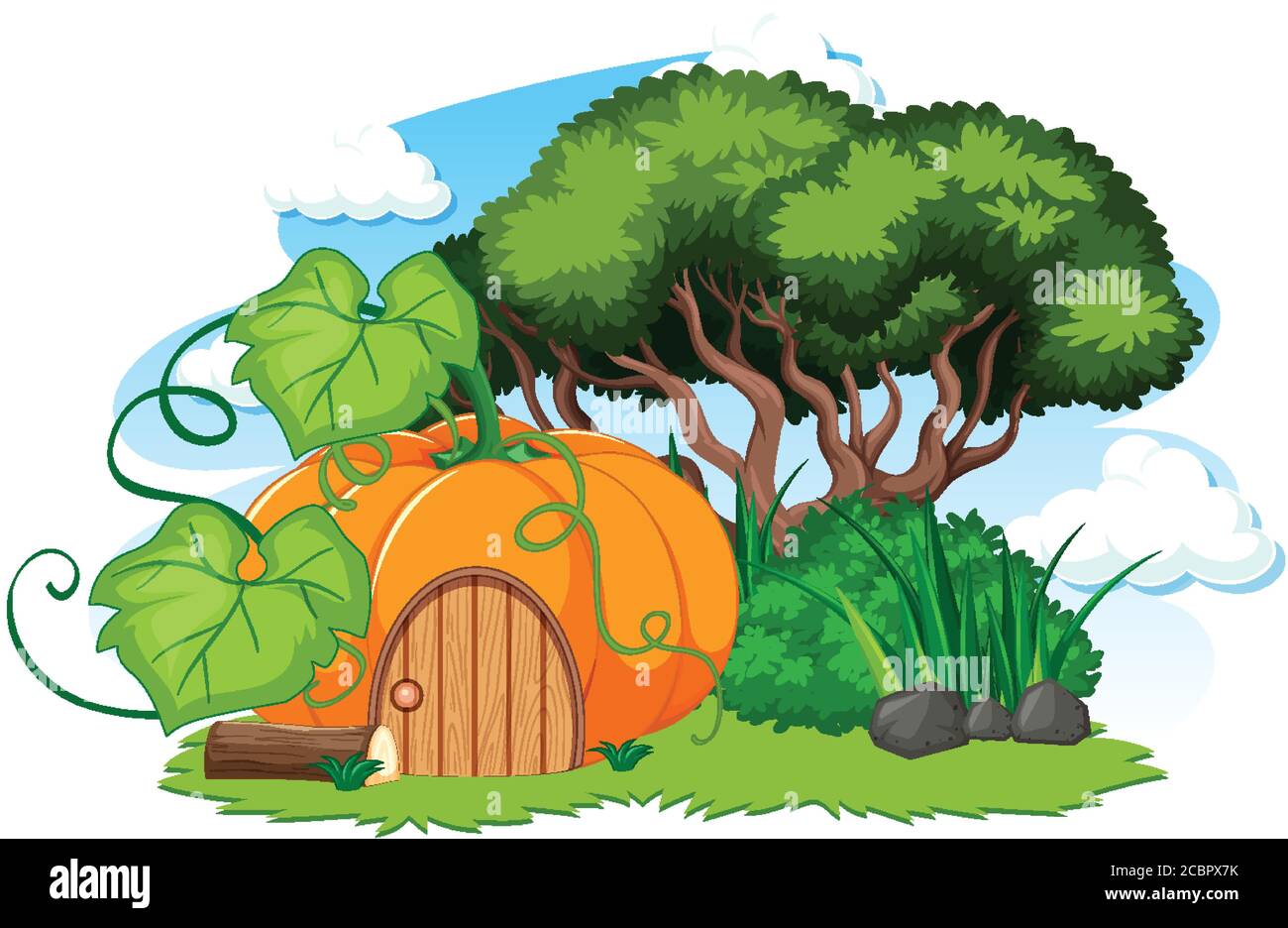 Pumpkin house and some grass cartoon style on white background ...