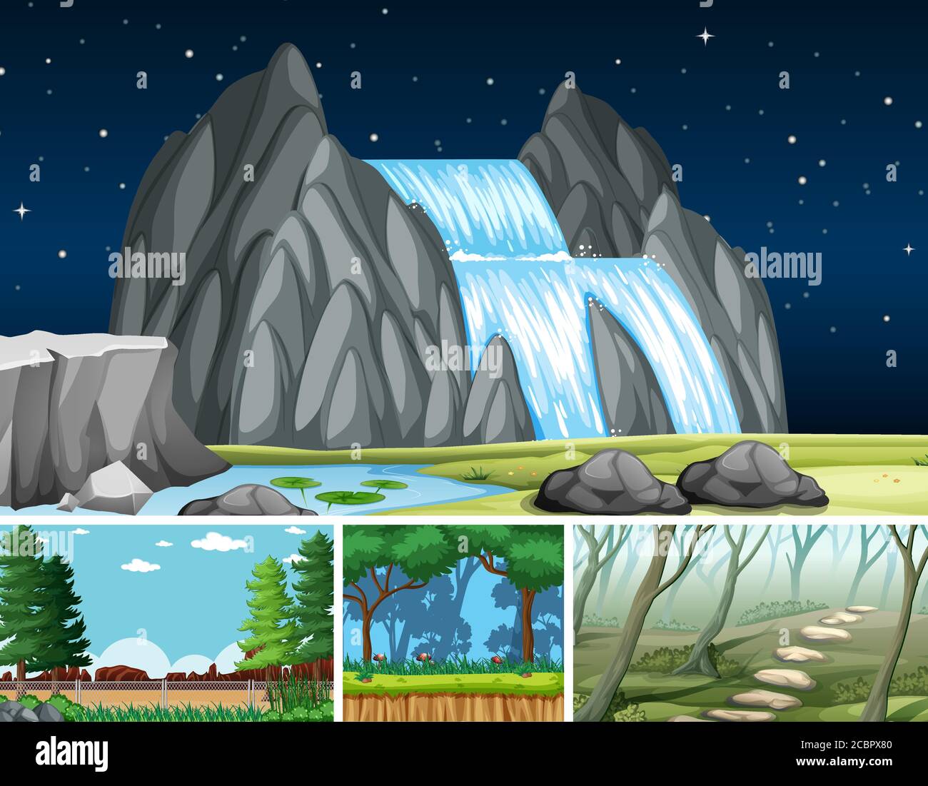 Four different scenes in nature setting cartoon style illustration ...