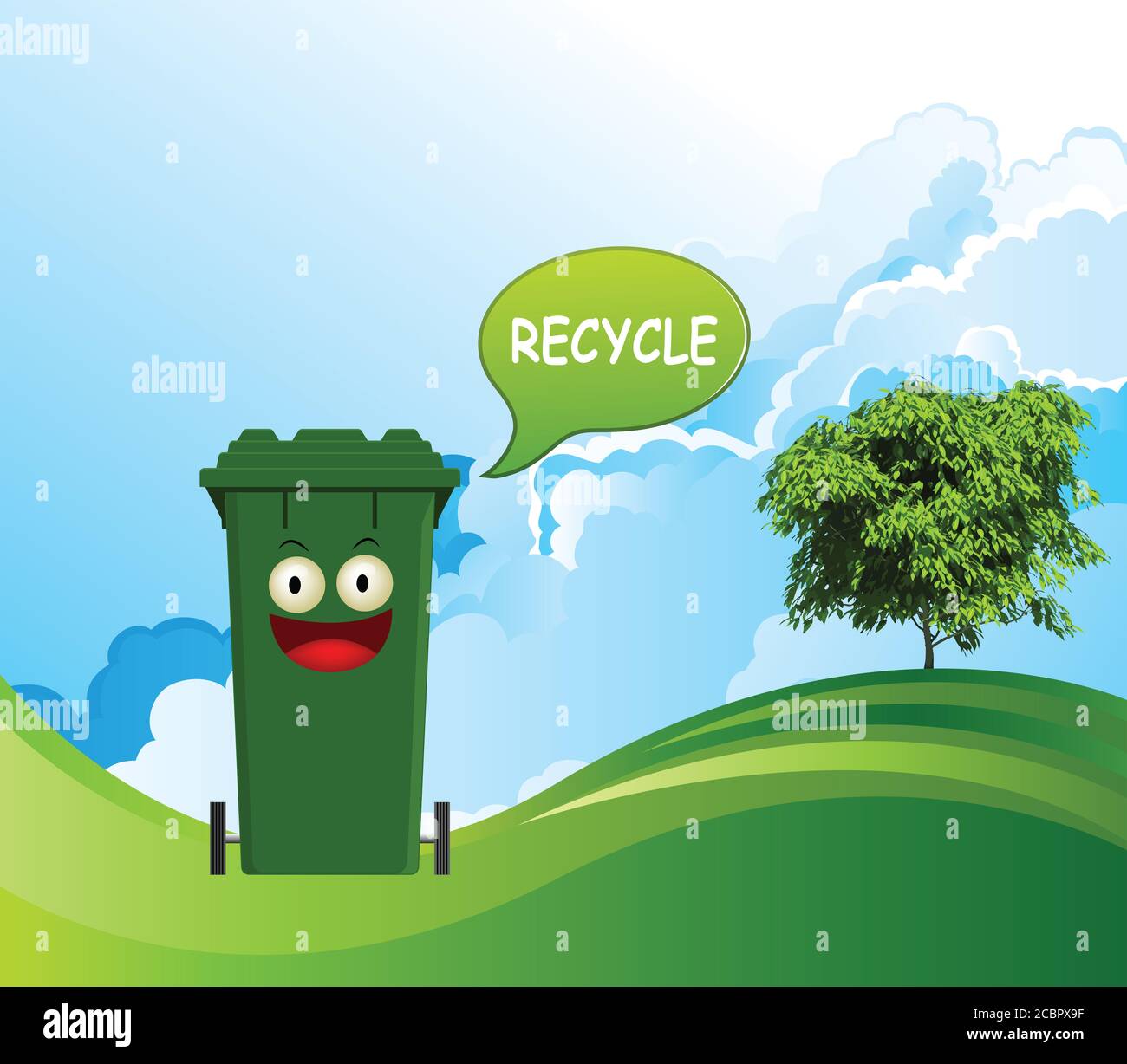 Comical happy smiling recycling bin with recycle message set against a ...