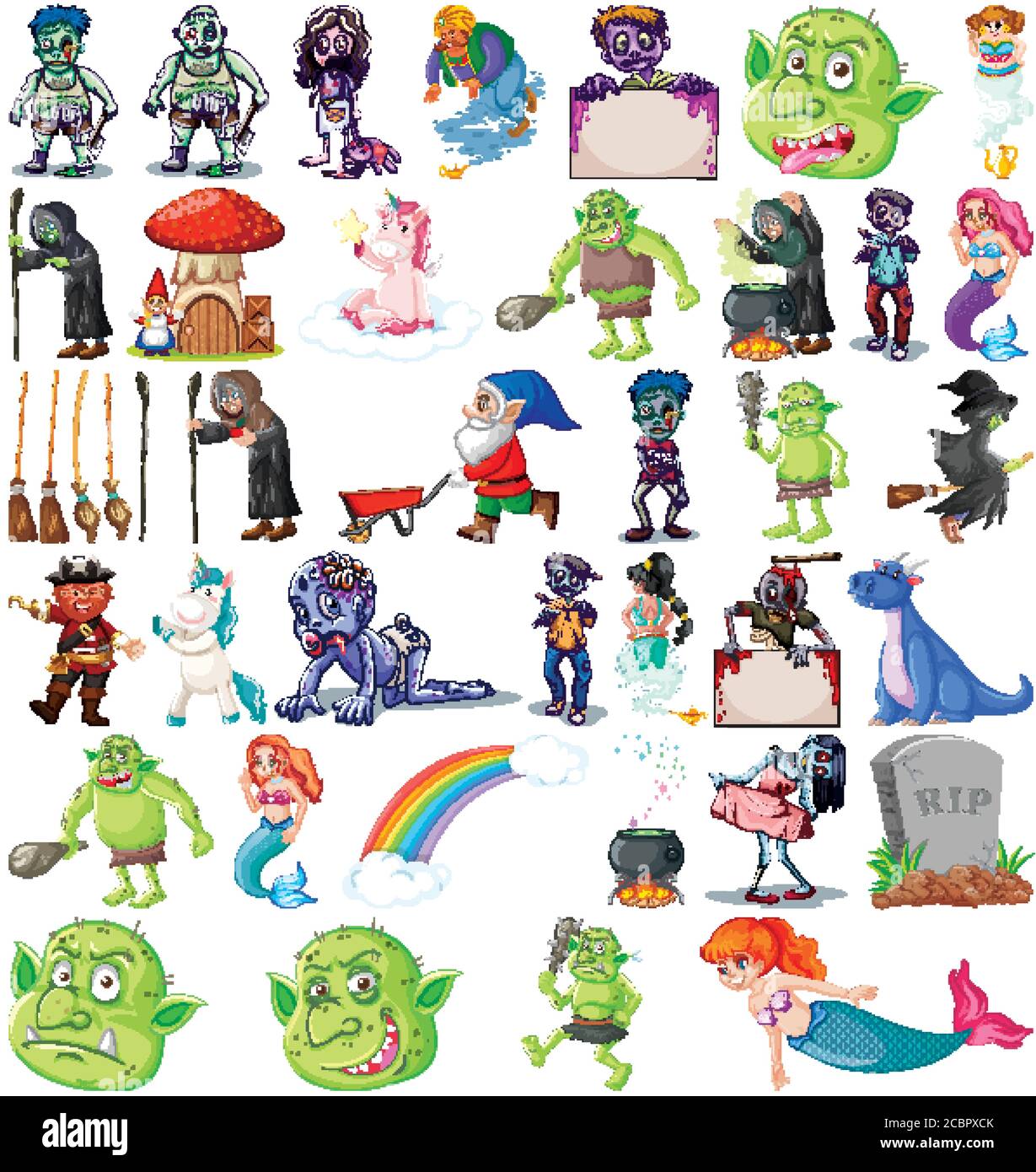 Set of fantasy cartoon characters and fantasy theme isolated on white ...