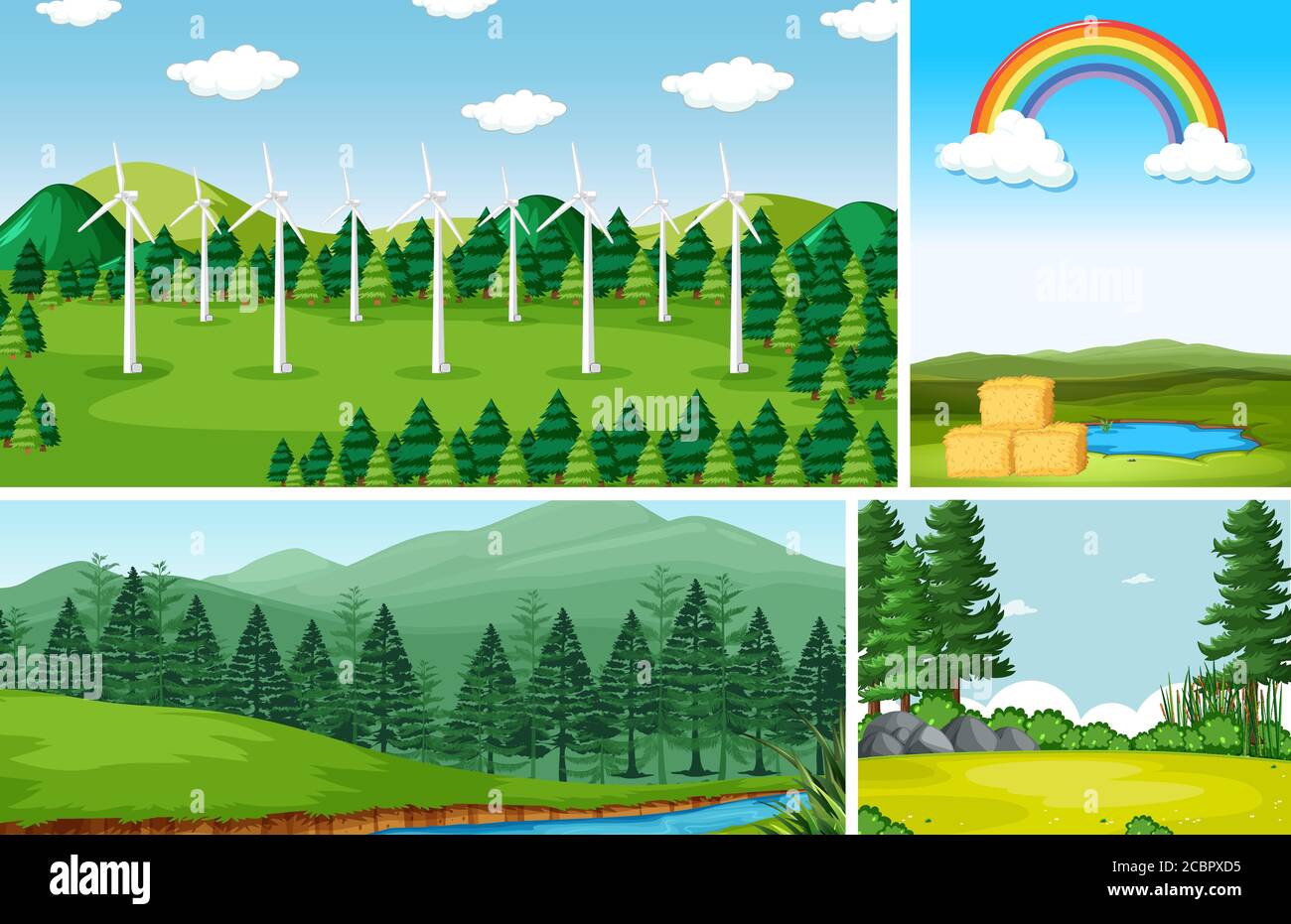 Four different scenes in nature setting cartoon style illustration ...