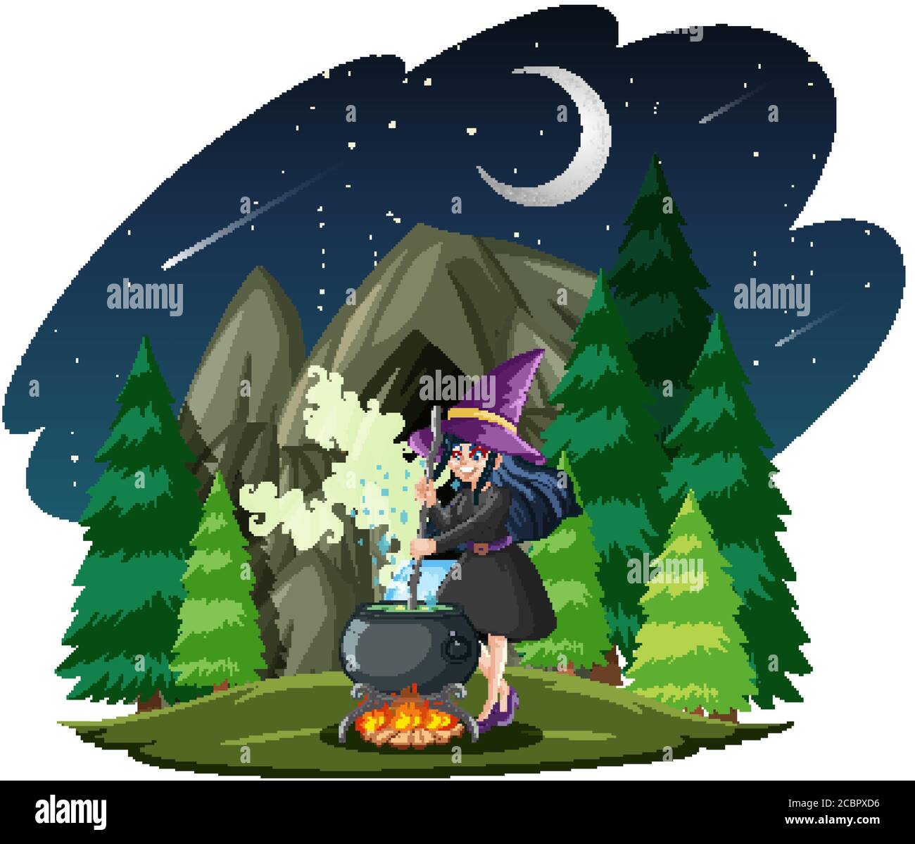 Wizard or witch with magic pot on dark forest isolated on white ...