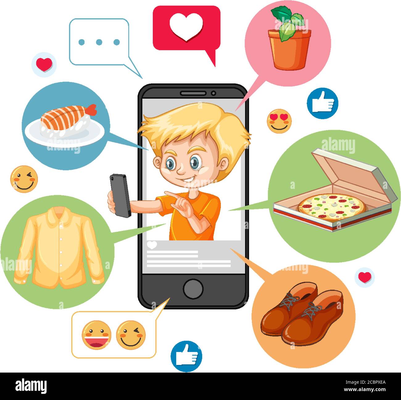 Boy in orange shirt searching on smartphone cartoon character isolated ...