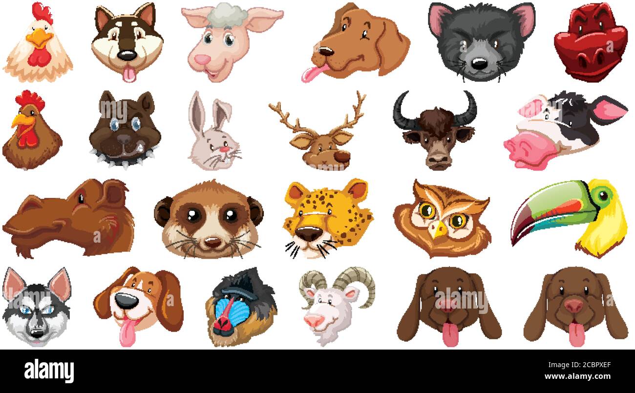 Set of different cute cartoon animals head huge isolated on white ...