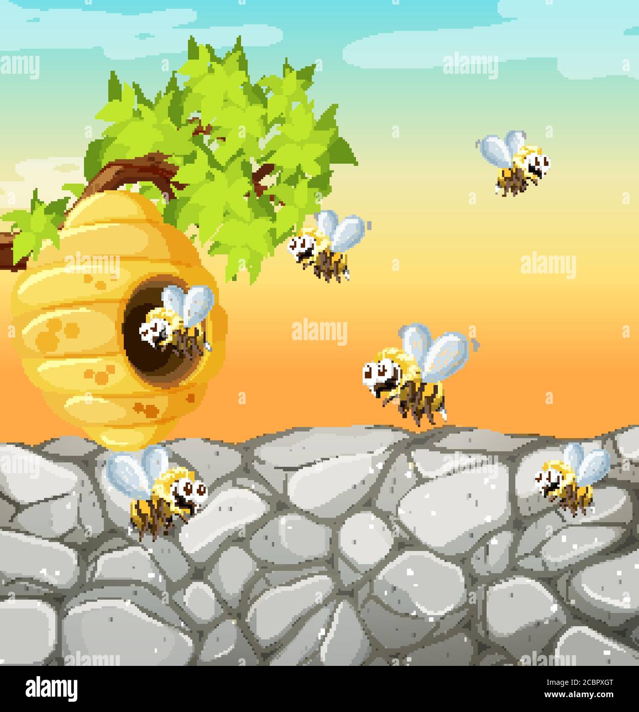 Many bees living in the garden scene with honeycomb illustration Stock ...
