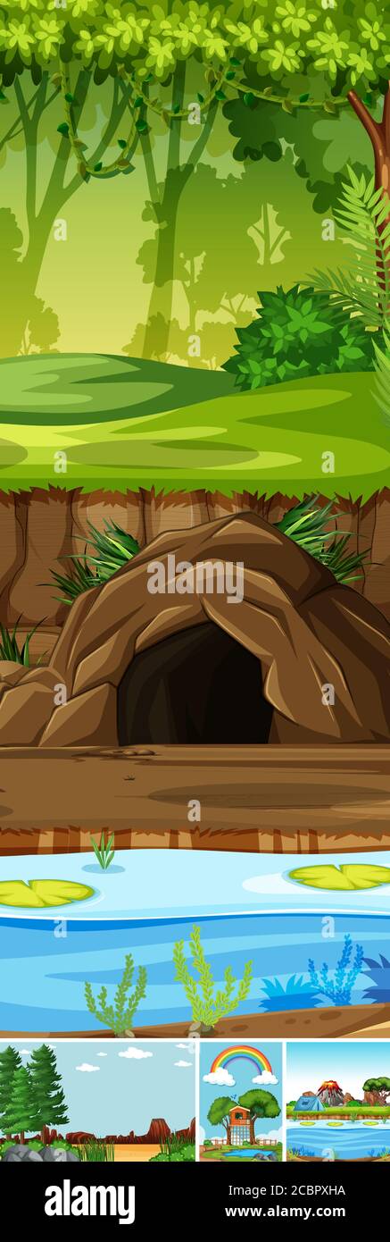 Four different scenes in nature setting cartoon style illustration ...