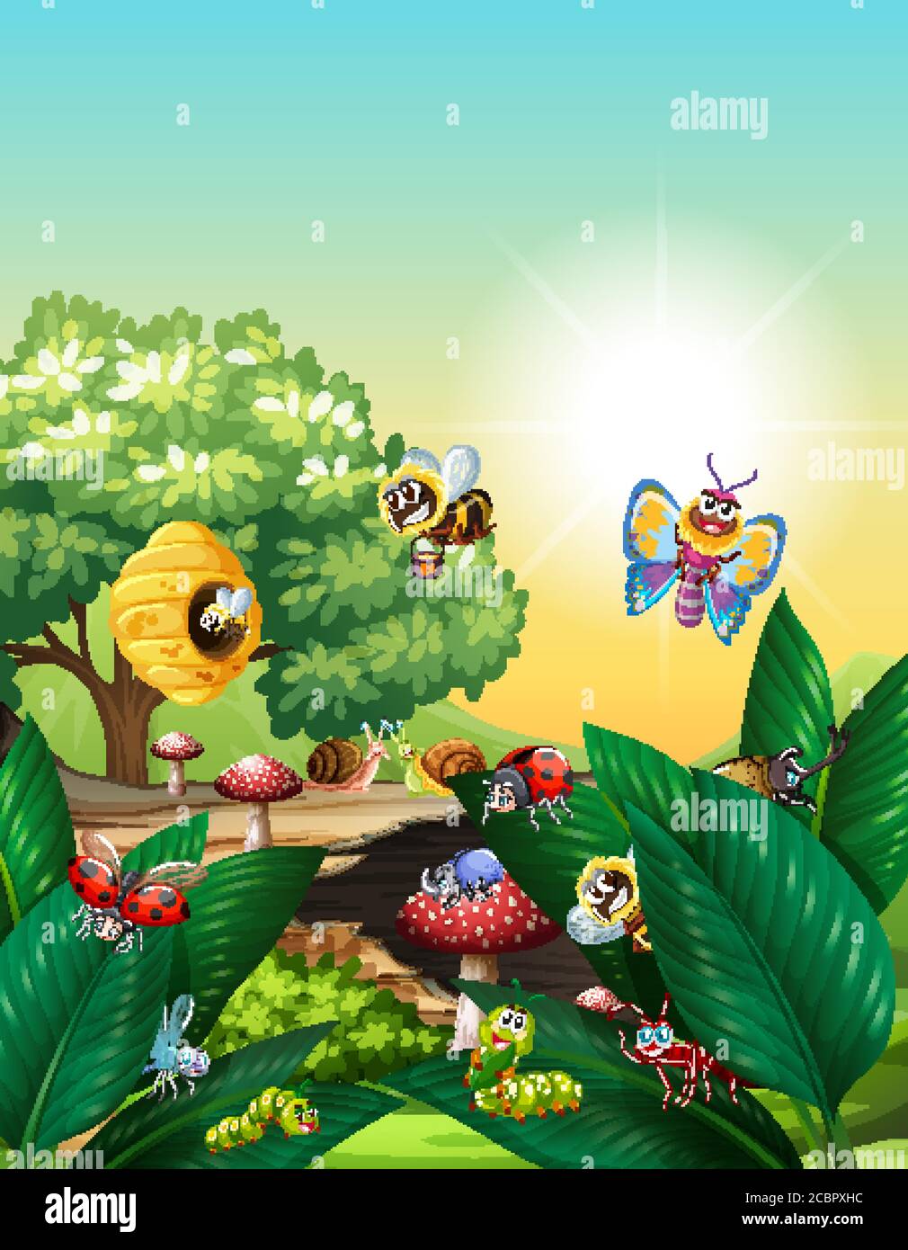Different insects living in the garden scene at daytime illustration ...
