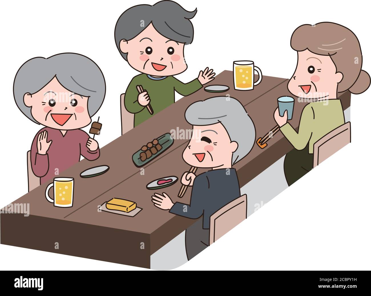 Elderly people chatting away at a restaurant. Isolated on white ...