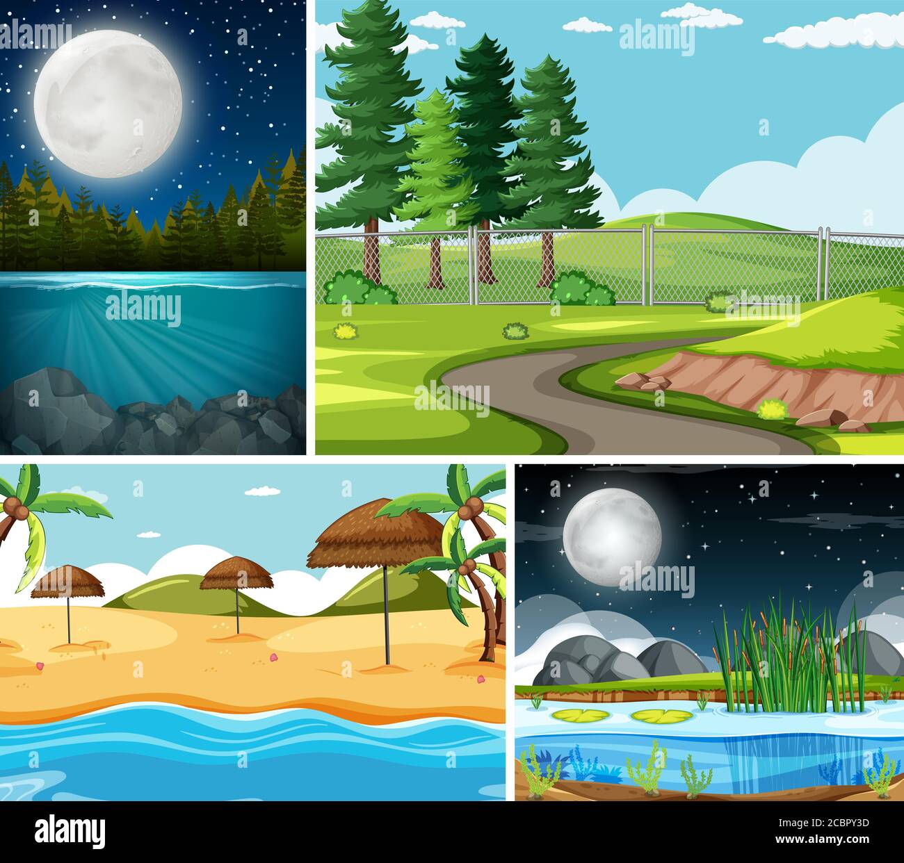 Four different scenes in nature setting cartoon style illustration ...