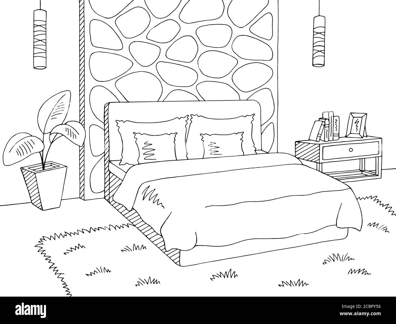 Bedroom graphic black white home interior sketch illustration vector ...