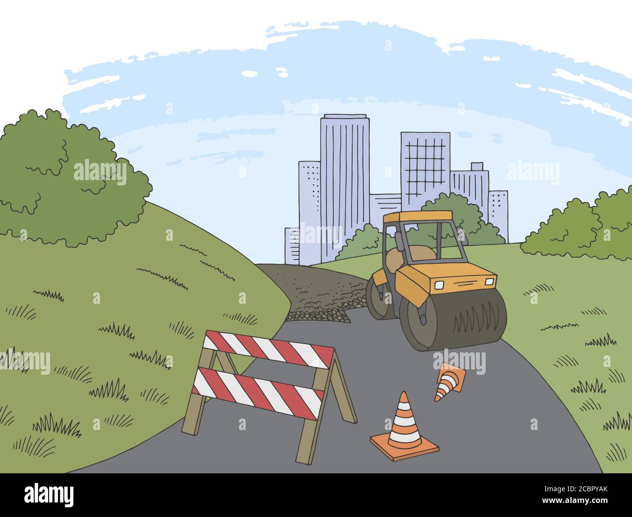 Road construction graphic color city landscape sketch illustration ...