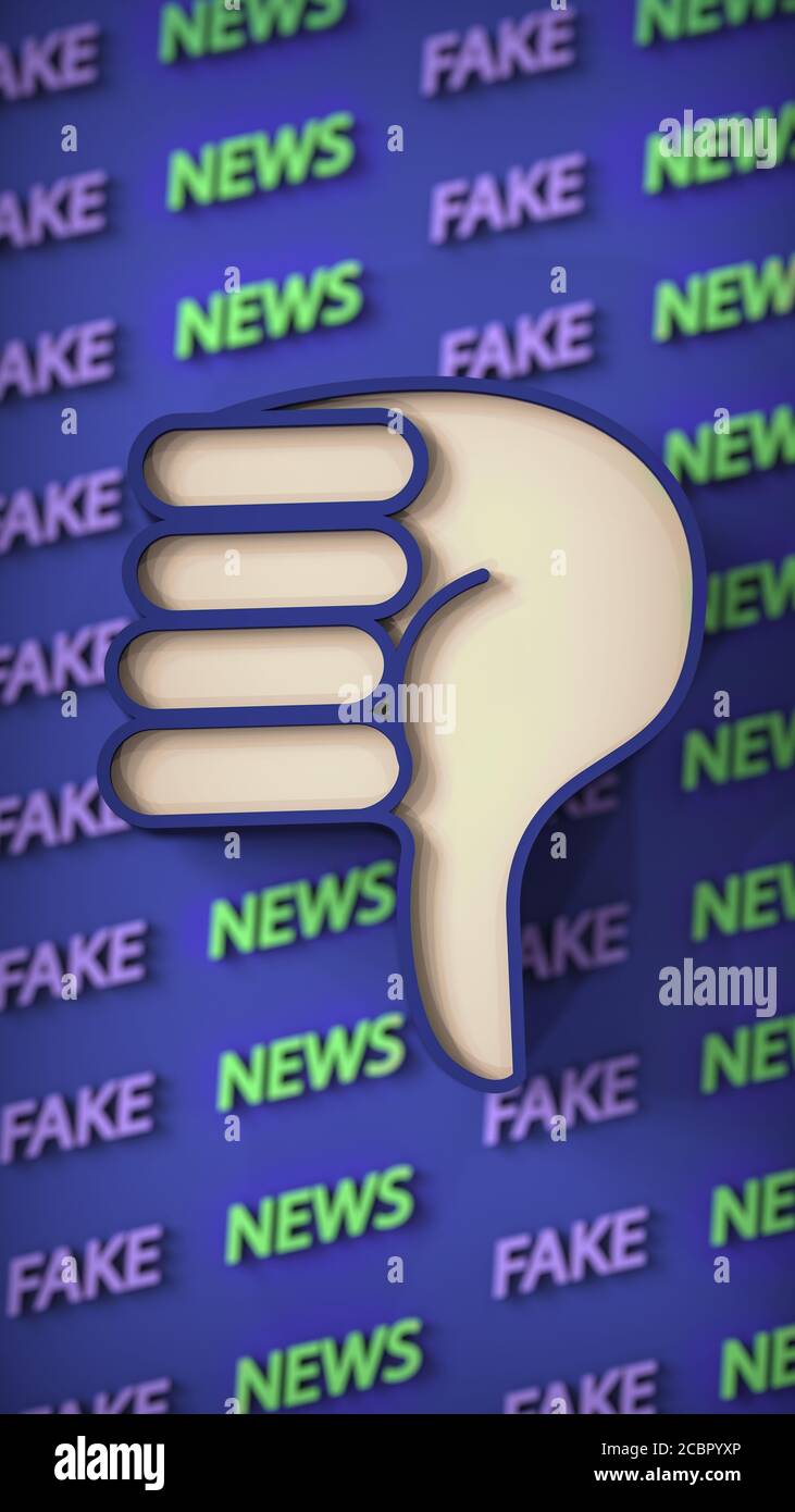 3D rendering of the dislike sign over a poster with the writings "fake ...
