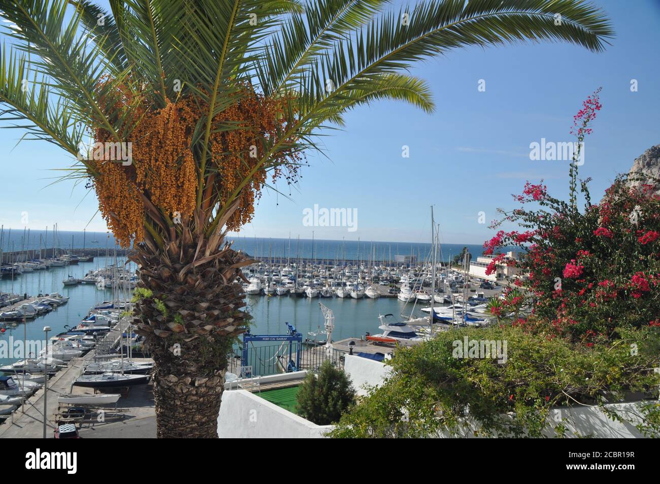 Sunny scenery of a beautiful coastal harbor with lots of boats Stock ...