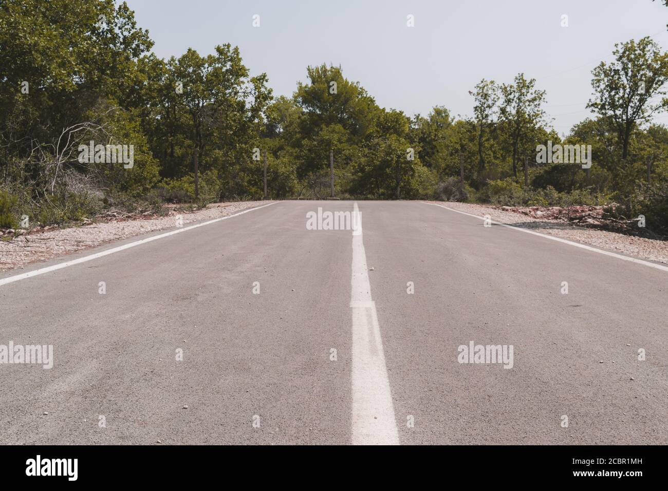 End of an asphalt road surrounded by greens and trees Stock Photo - Alamy