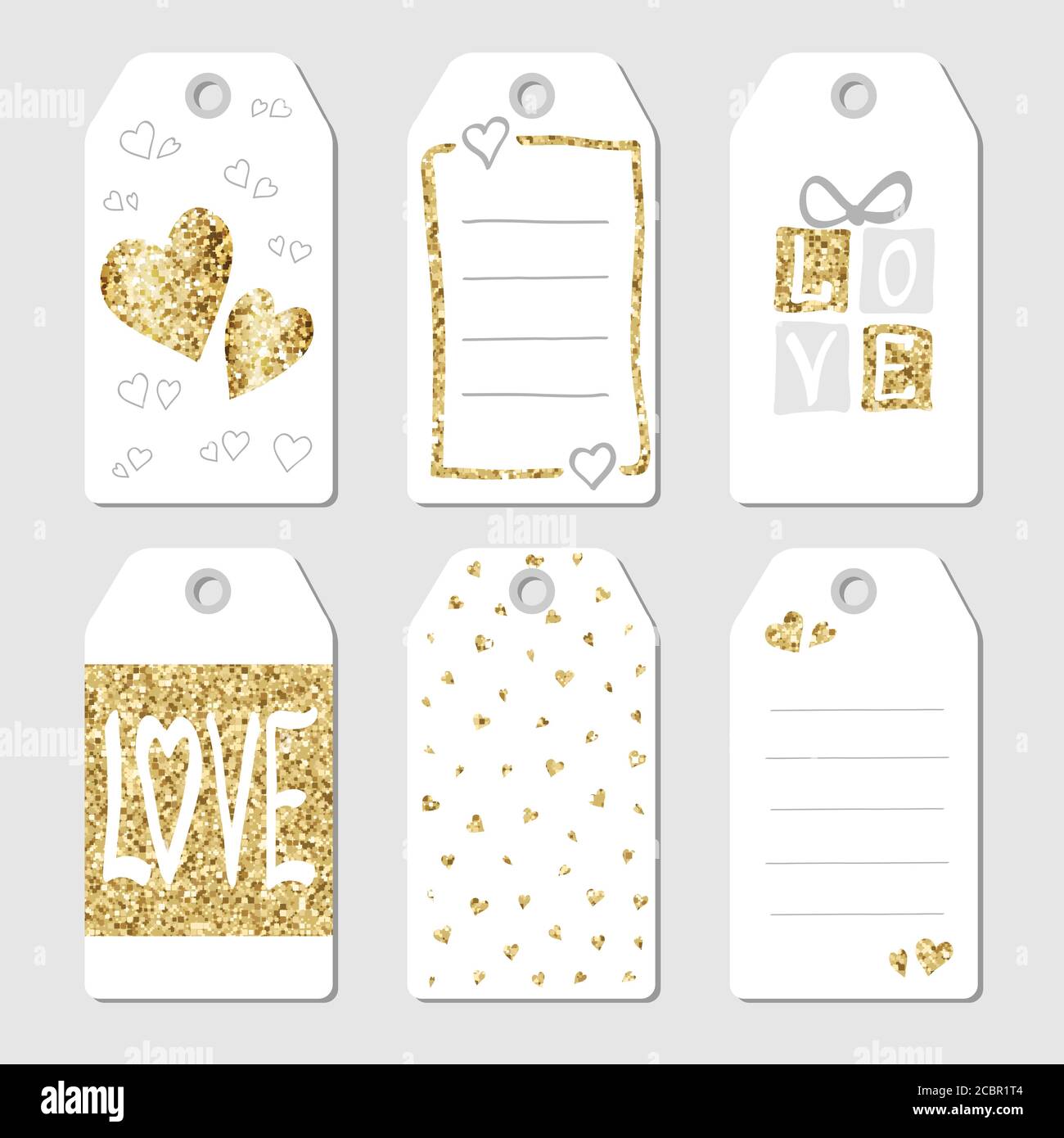 Gift tags with hearts and love. Vector illustration. Golden glitter ...