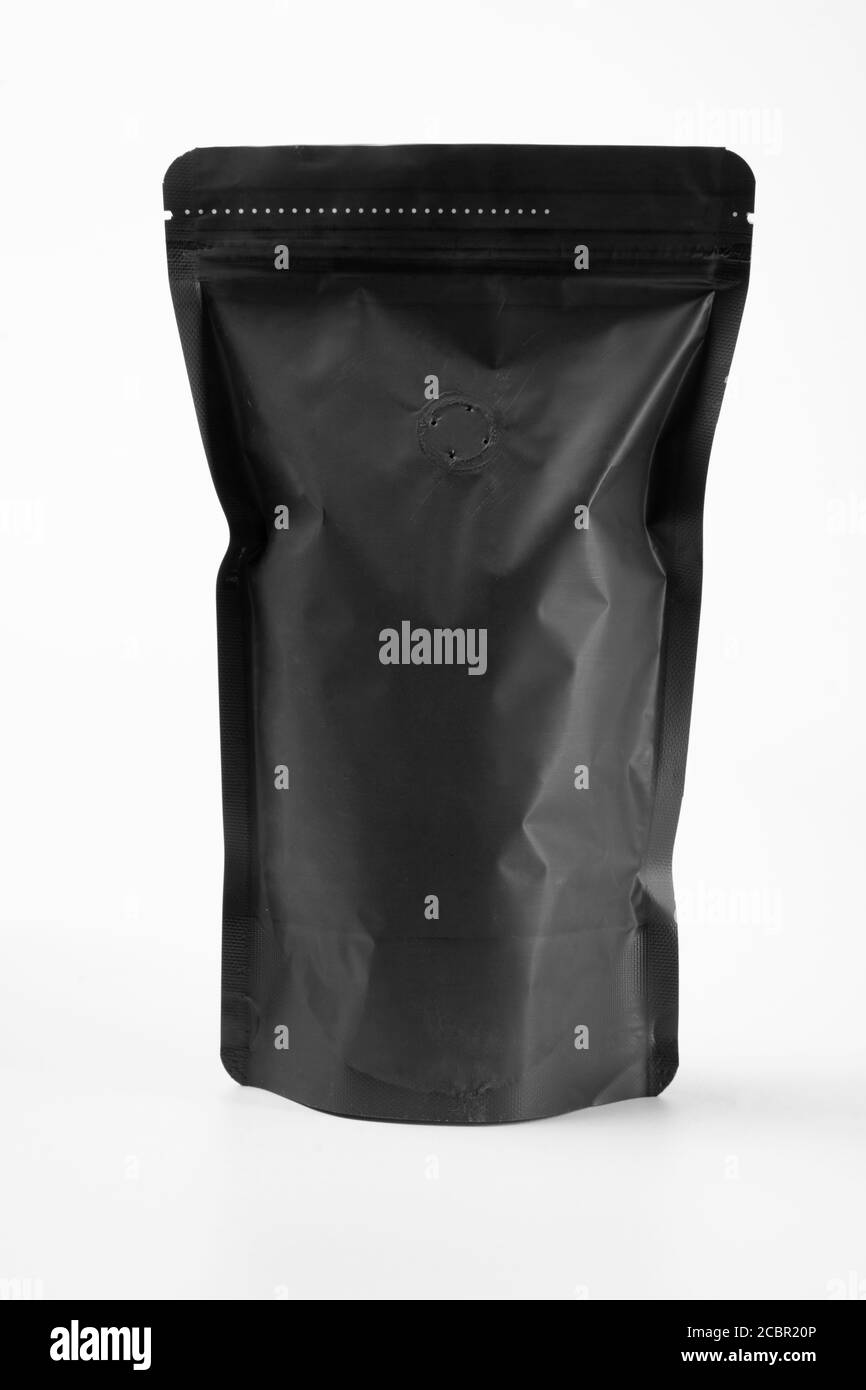 blank black standing pouch container over white background. product ...