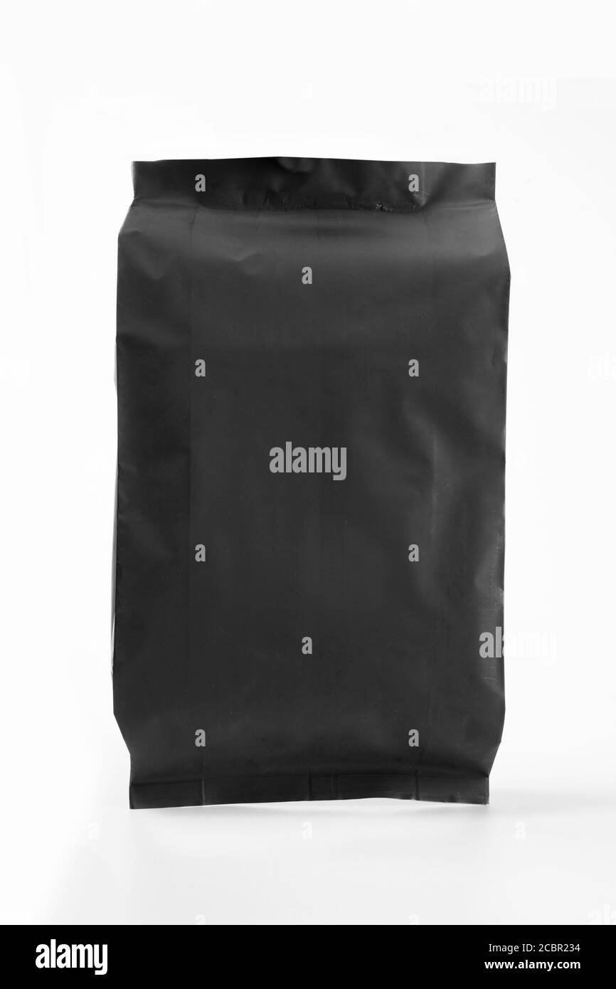 blank black standing pouch container over white background. product ...