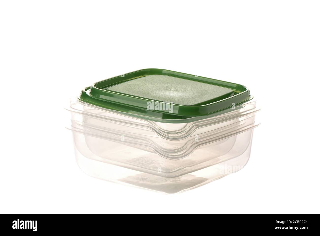 Bundle of transparent plastic food containers isolated on white ...