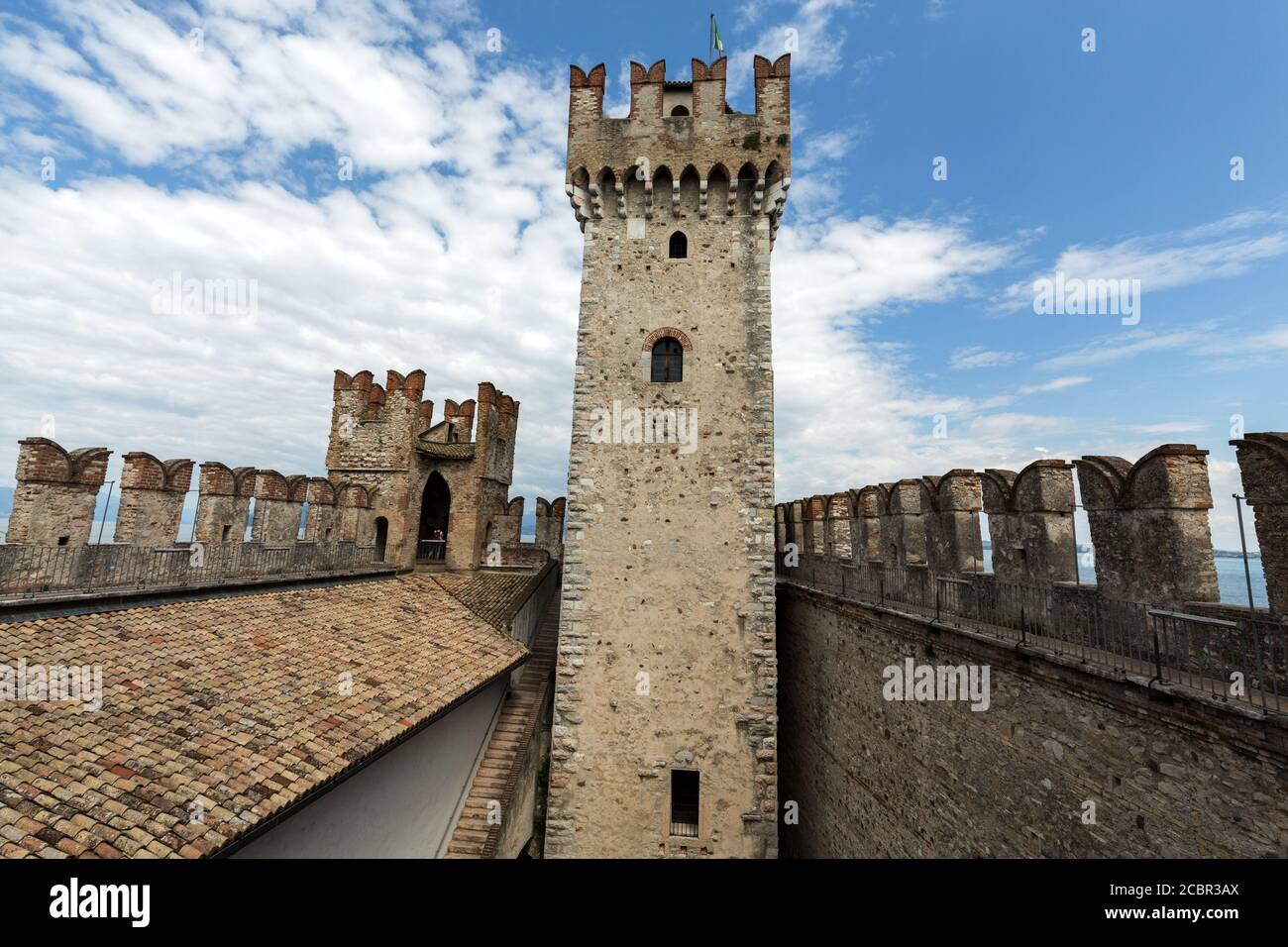 Medieval castle Scaliger in old town Sirmione on lake Lago di Garda ...