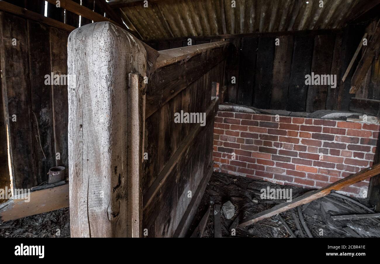 Wood worn infested post in a old farm animal barn Stock Photo - Alamy