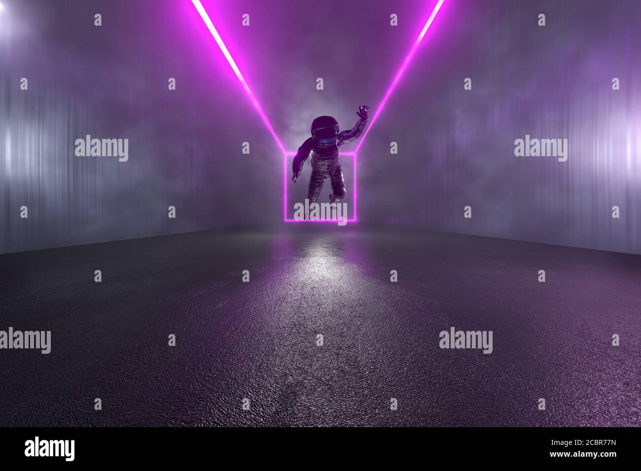 3D Illustration of a Astronaut in a dark concrete Alien interior of a ...