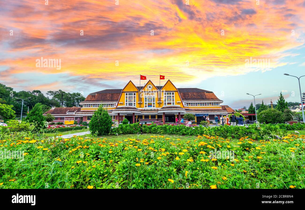 Ancient railway station in sunset sky, history destination for traveler ...