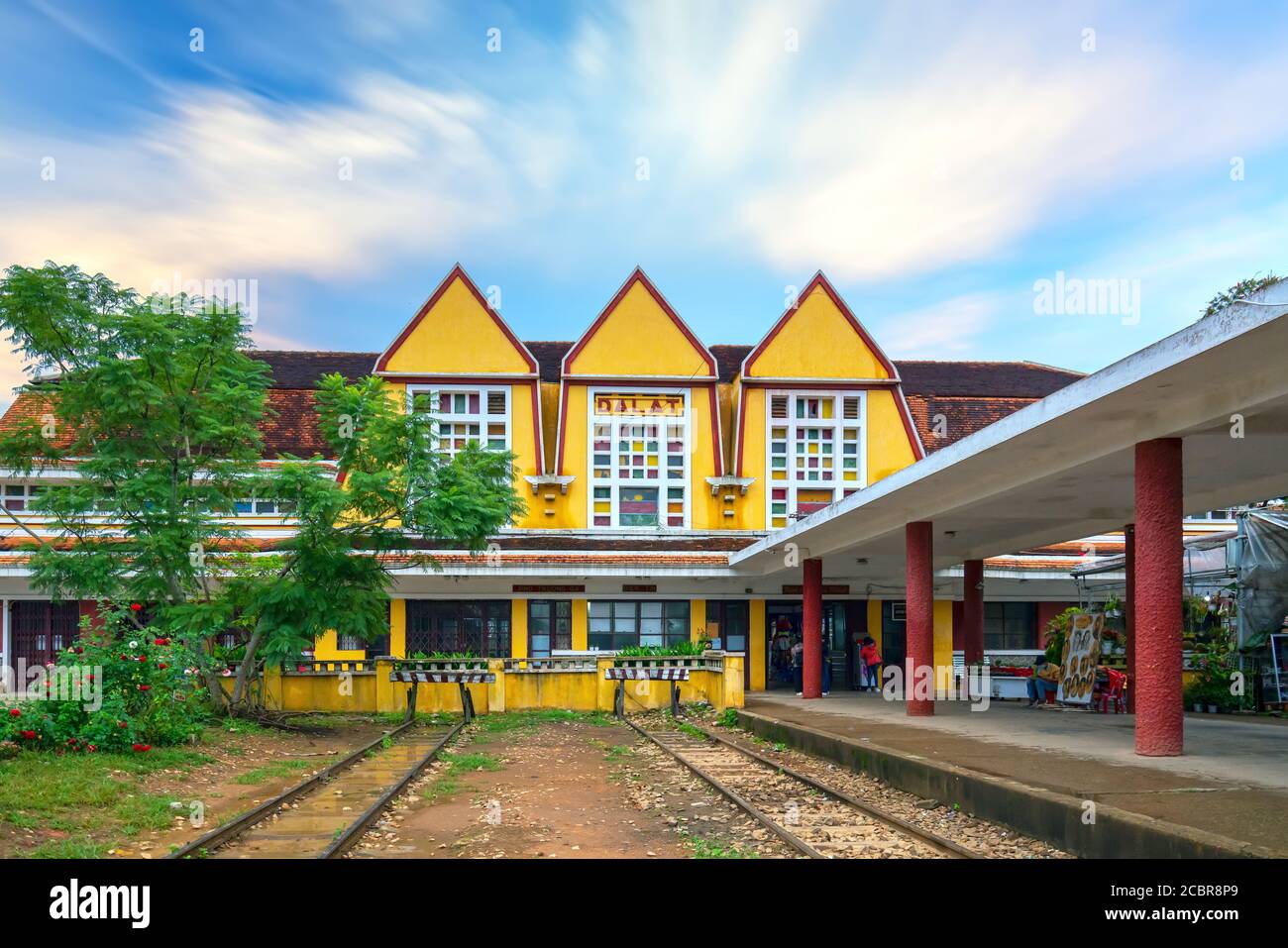 Ancient railway station in sunset sky, history destination for traveler ...