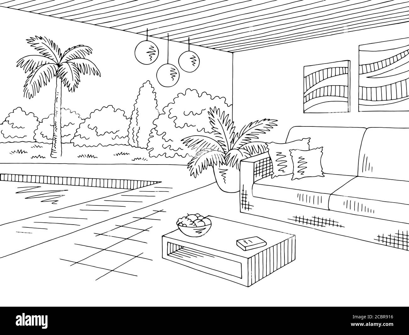 Vacation home lounge graphic black white landscape sketch illustration ...