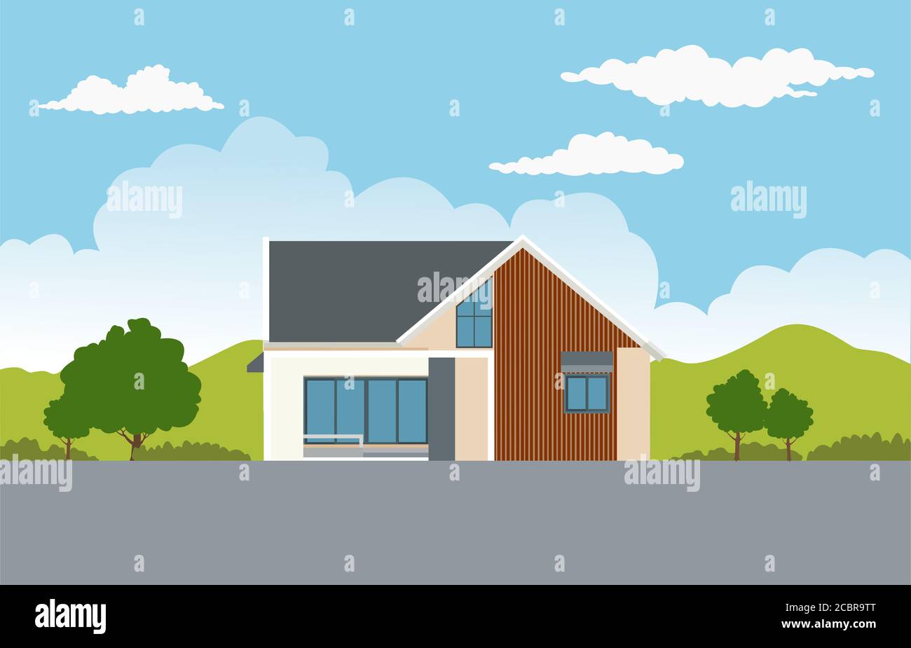 Vector color paint front view of tropical modern house exterior.Single ...