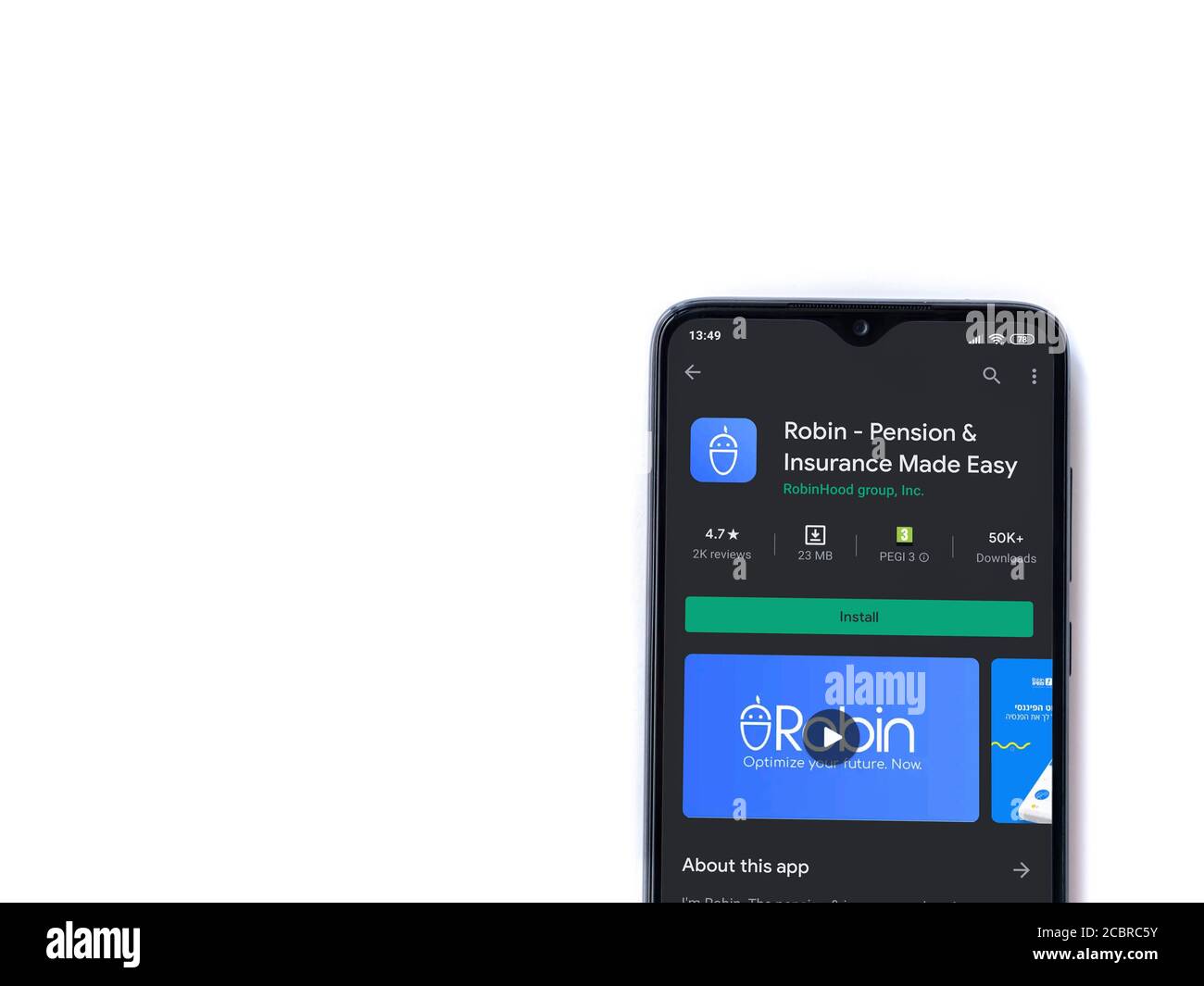 Lod, Israel - July 8, 2020: Robin app play store page on the display of ...